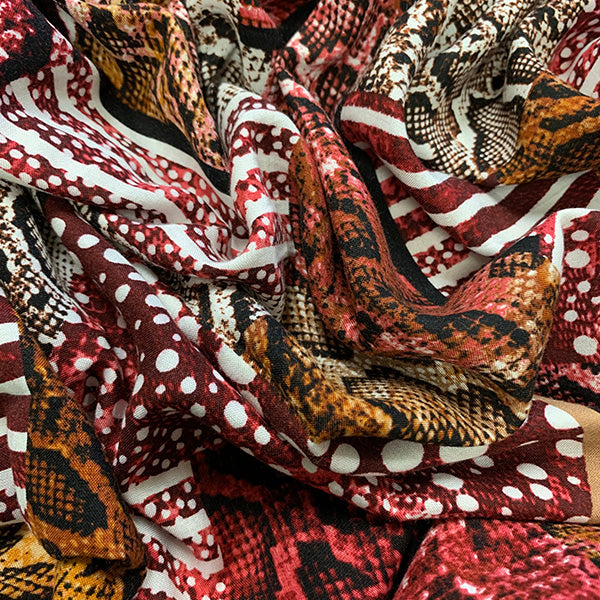 Red and Black Multi Animal Patchwork Print Rayon Challis Fabric ...