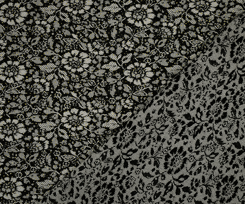 Black-Gray-Gold Rayon Blend Stretch Spandex Floral Bengaline Jacquard ...
