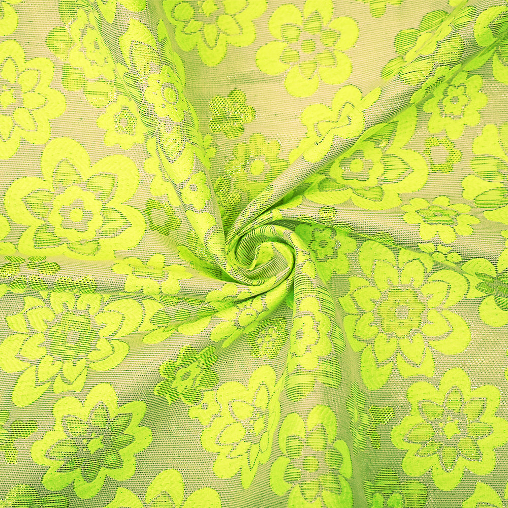 Neon Yellow-Gold-Multi Poly Blend Floral Jacquard Brocade Woven Fabric ...